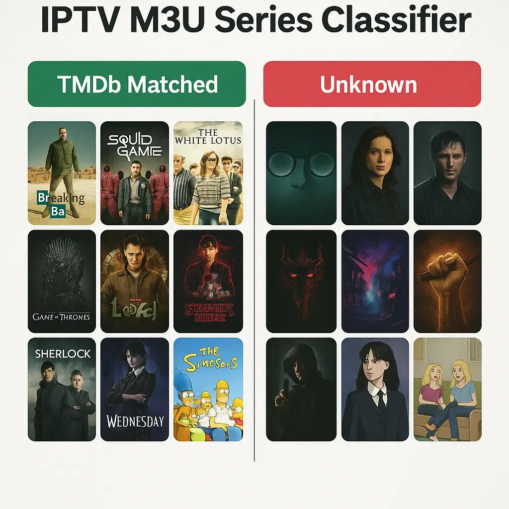 IPTV M3U Series Classifier — TMDb Matched vs Unknown (Fast, SEO-Friendly)
